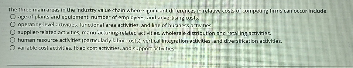 Solved The three main areas in the industry value chain | Chegg.com