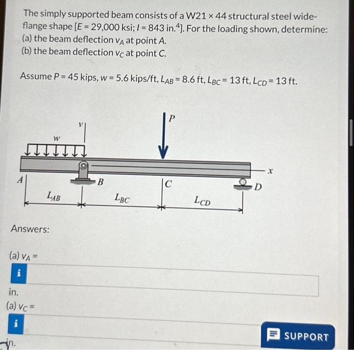 Solved The simply supported beam consists of a W21 ×44 | Chegg.com