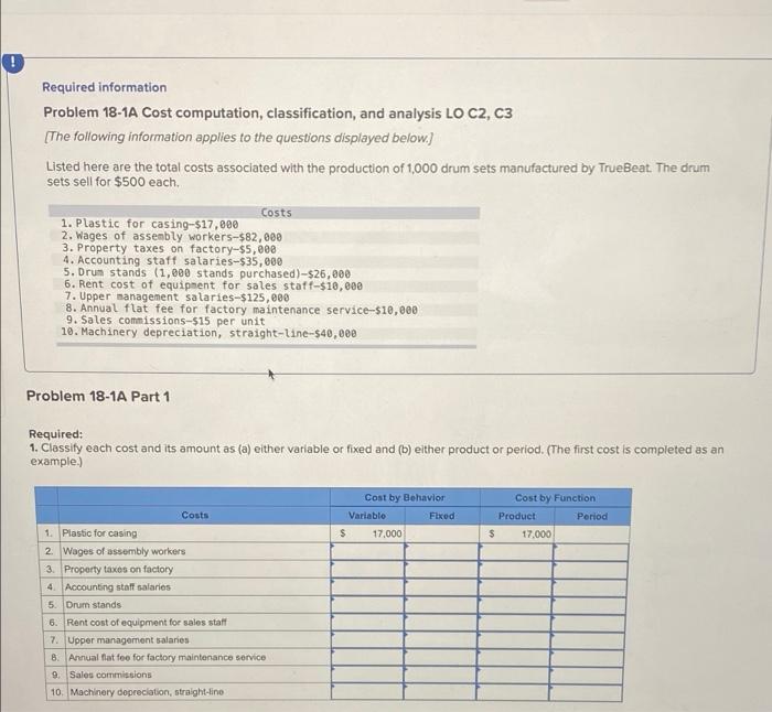 Solved ! Required information Problem 18-1A Cost | Chegg.com