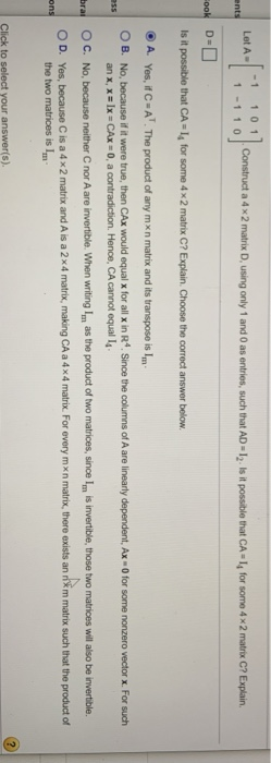 Solved Let A - 1 0 1 1 - 110 Construct a 4 x 2 matrix D | Chegg.com