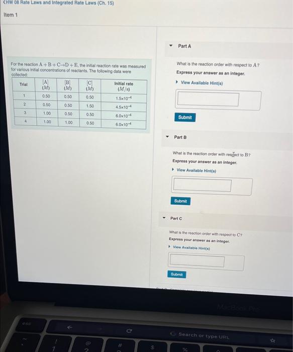 Solved For the reaction A+B+C→D+E, the initial reaction rate | Chegg.com