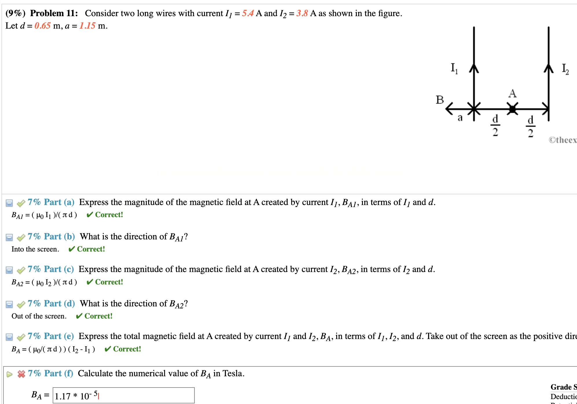 Solved (9%) ﻿Problem 11: Consider two long wires with | Chegg.com