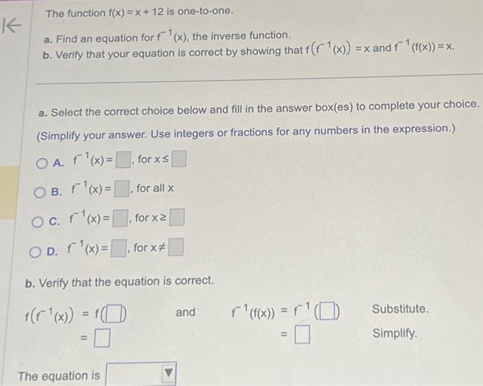 Solved K The function f(x)=x+12 is one-to-one. a. Find an | Chegg.com