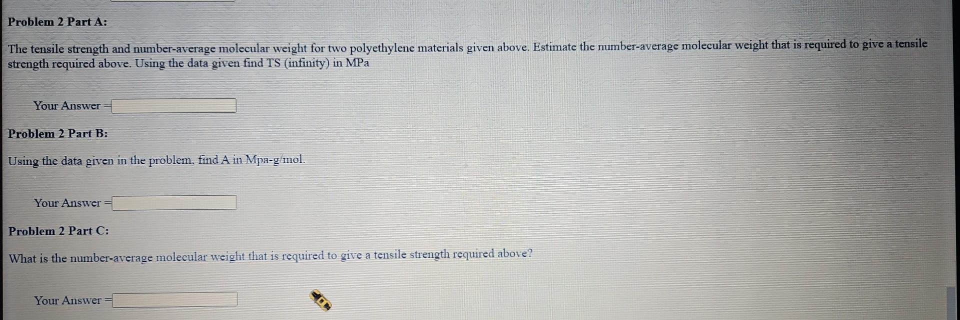 Solved - = Data for Problem 2 Required Tensile Strength | Chegg.com