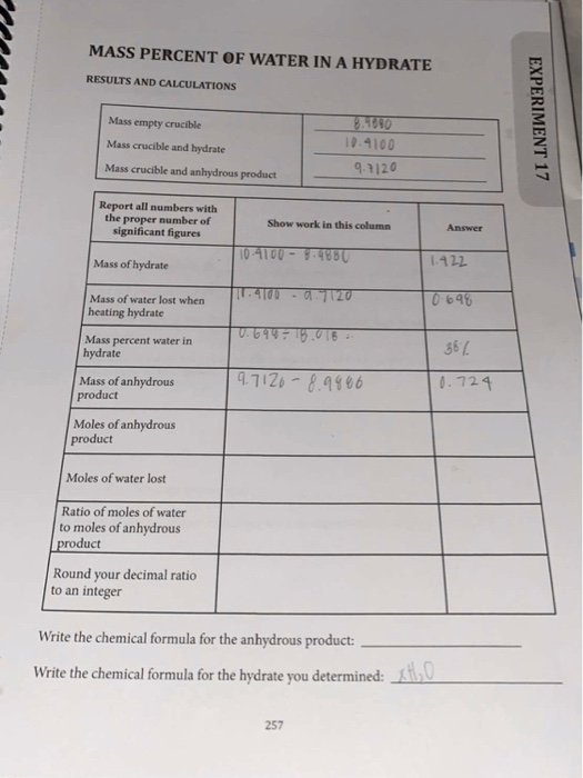 Solved MASS PERCENT OF WATER IN A HYDRATE RESULTS AND | Chegg.com