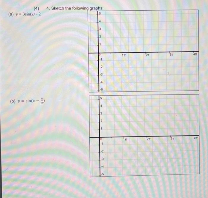 Solved (4) 4. Sketch the follow y=3sin(x)−2 y=sin(x−2π) | Chegg.com