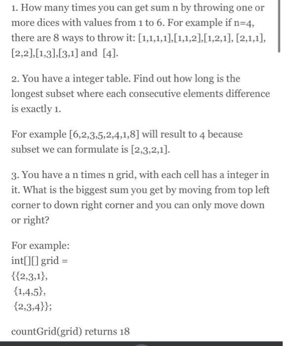 Solved 1. How many times you can get sum n by throwing one | Chegg.com