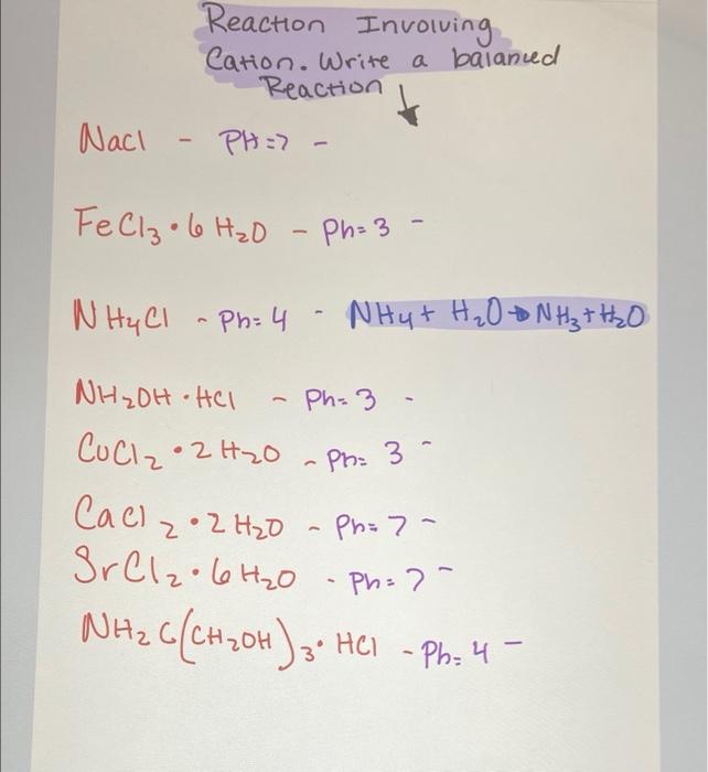Solved Reaction Involving Cation. Write a balanced Reaction | Chegg.com