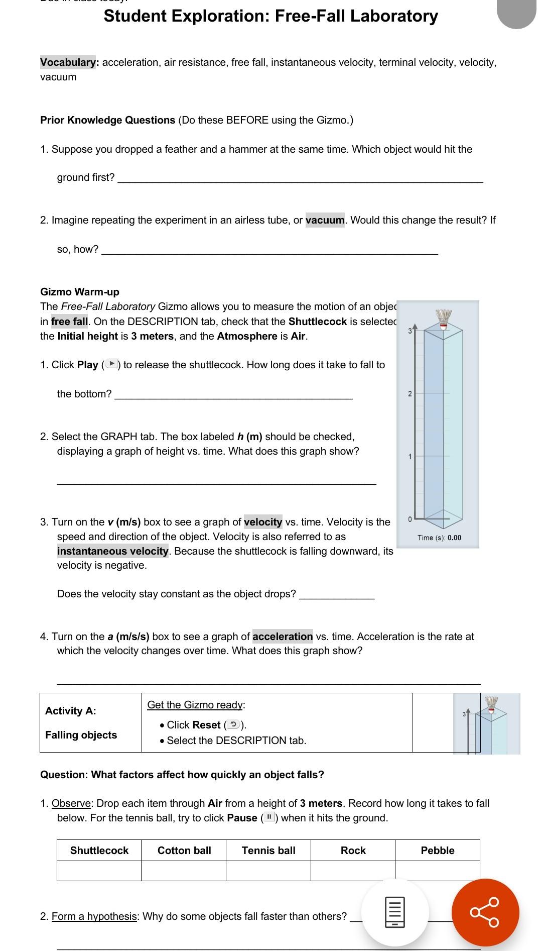 Solved Student Exploration: Free-Fall Laboratory Vocabulary: | Chegg.com