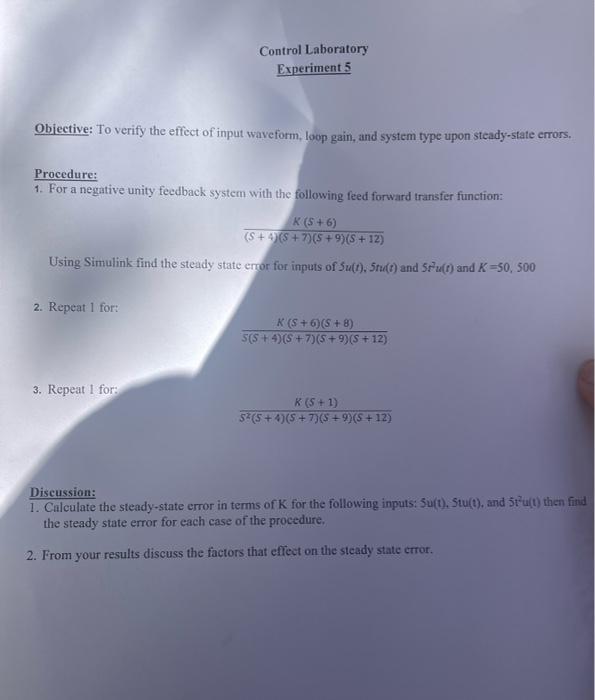 Solved Control Laboratory Experiment 5 Objective: To verify | Chegg.com