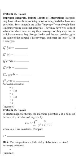 Solved Problem 14. (1 point) Improper Integrals, Infinite | Chegg.com
