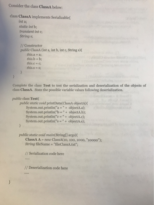 Solved Consider The Class Classa Below Class Classa