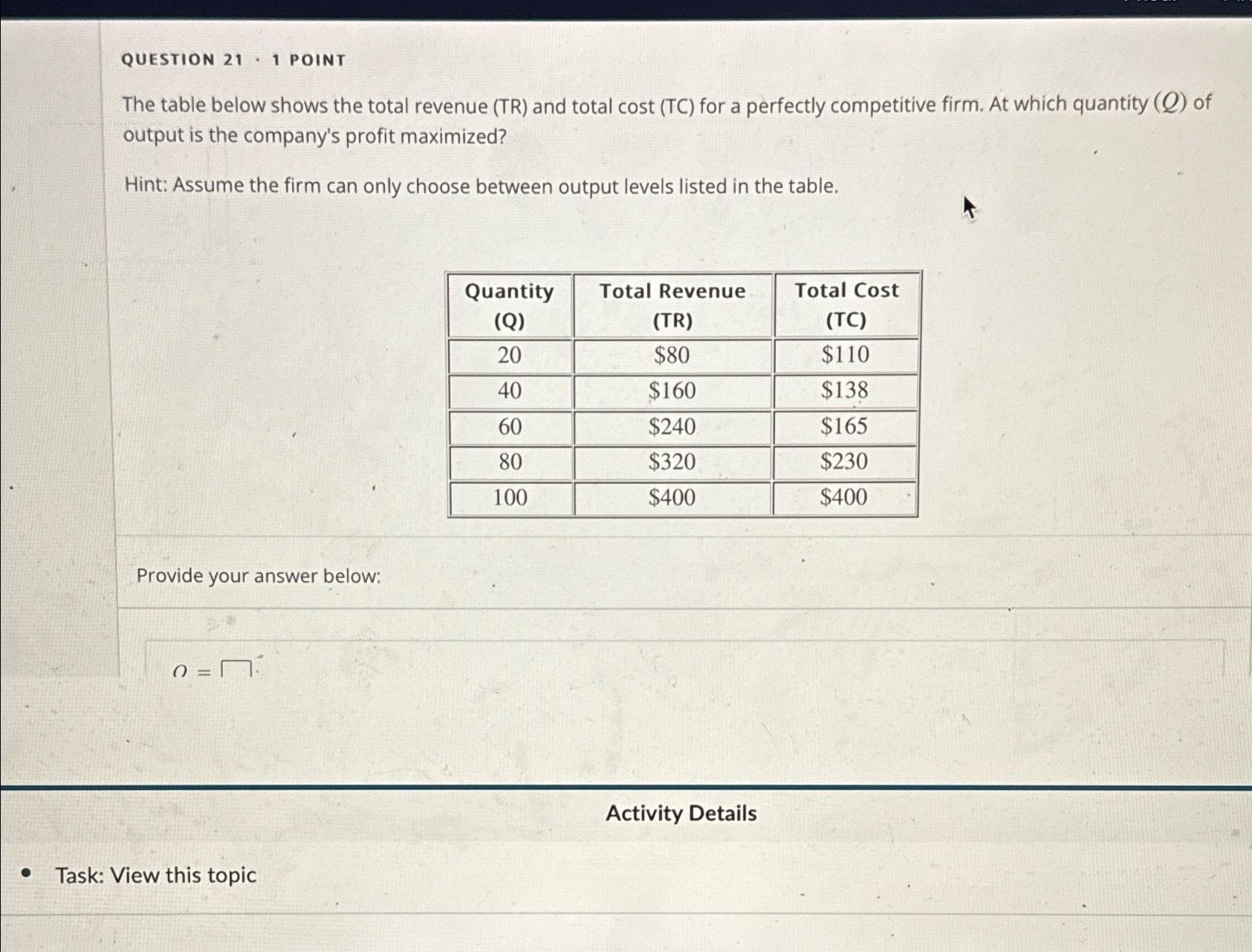 Solved QUESTION 21*1 POINTThe table below shows the total | Chegg.com Solved QUESTION 21*1 POINTThe table below shows the total | Chegg.com