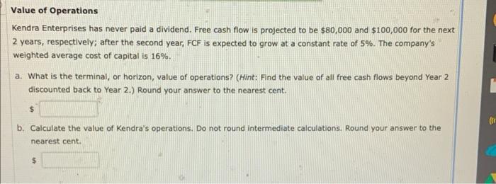 Solved Value of Operations Kendra Enterprises has never paid | Chegg.com