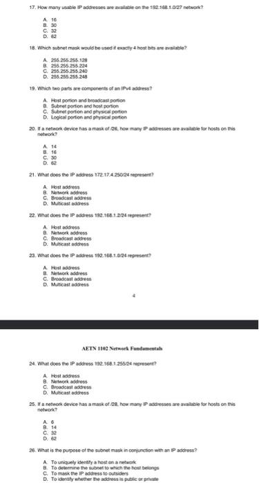 Solved 17. How many usable IP addresses are avallable on the | Chegg.com