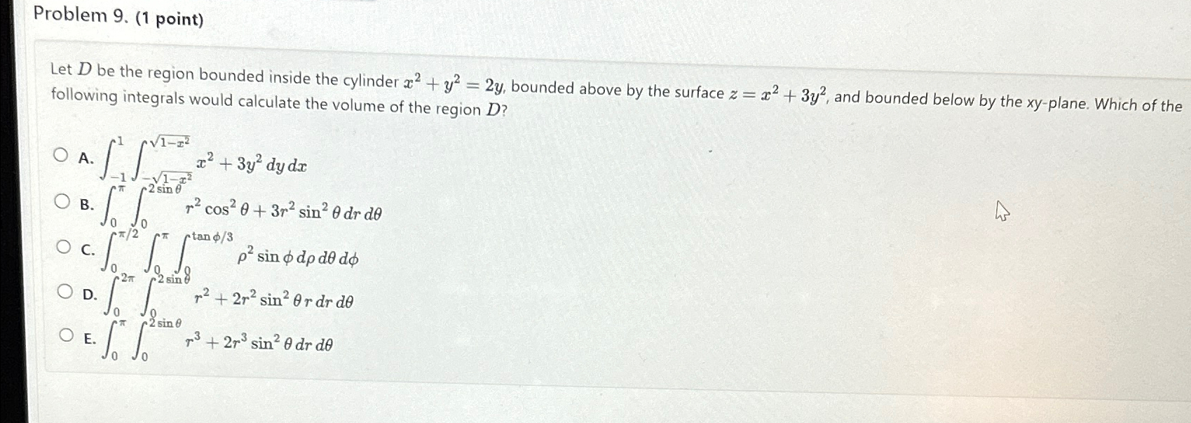 Solved Problem 9. (1 ﻿point)Let D ﻿be the region bounded | Chegg.com