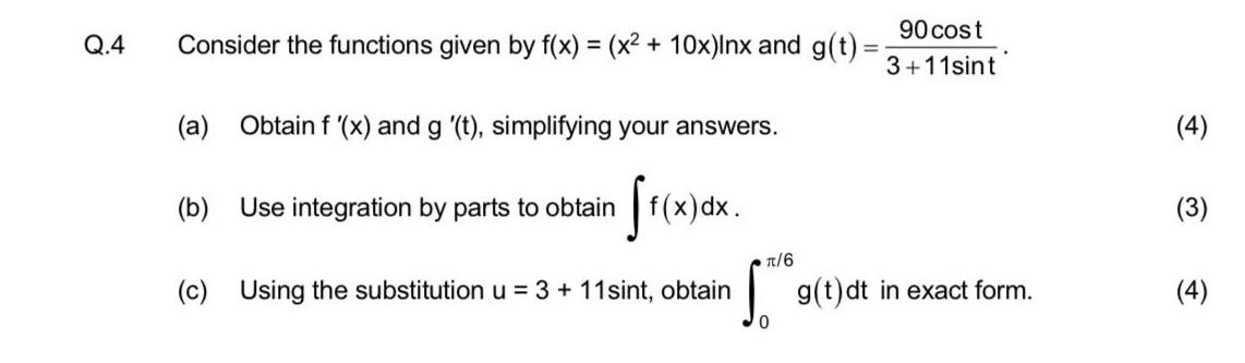 Solved Q.4 Consider the functions given by f(x)=(x2+10x)lnx | Chegg.com