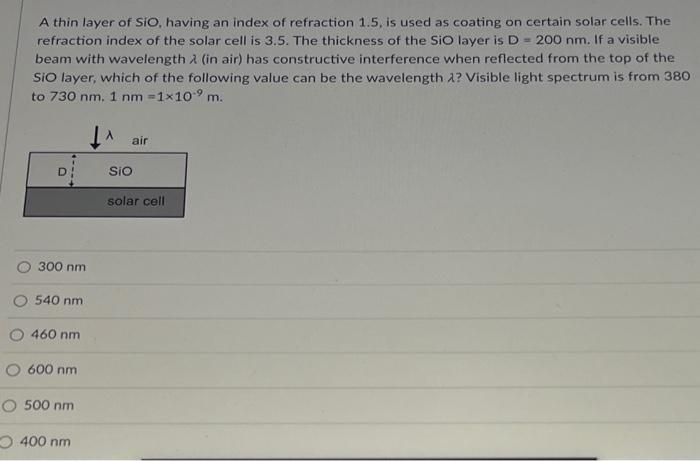 Solved A thin layer of SiO, having an index of refraction | Chegg.com