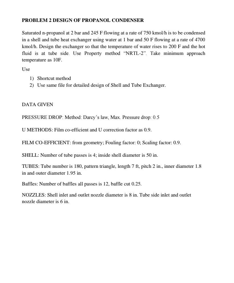Solved PROBLEM 2 DESIGN OF PROPANOL CONDENSER Saturated | Chegg.com