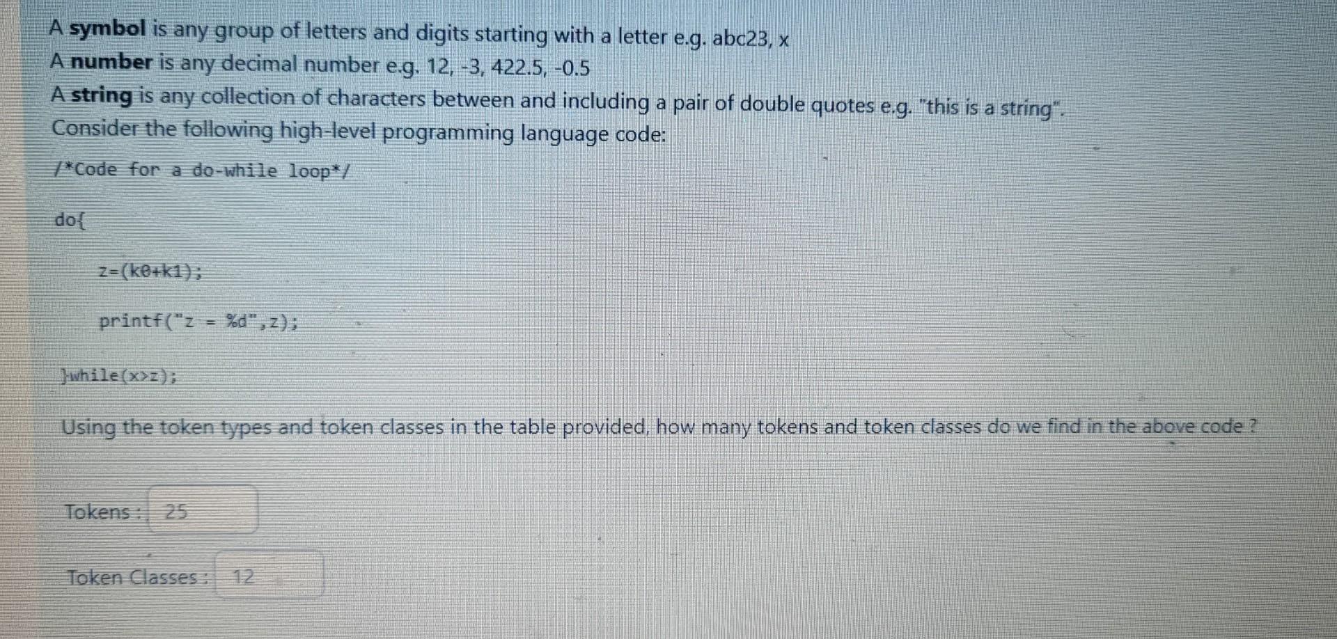 Solved Here is a table of token types and their | Chegg.com
