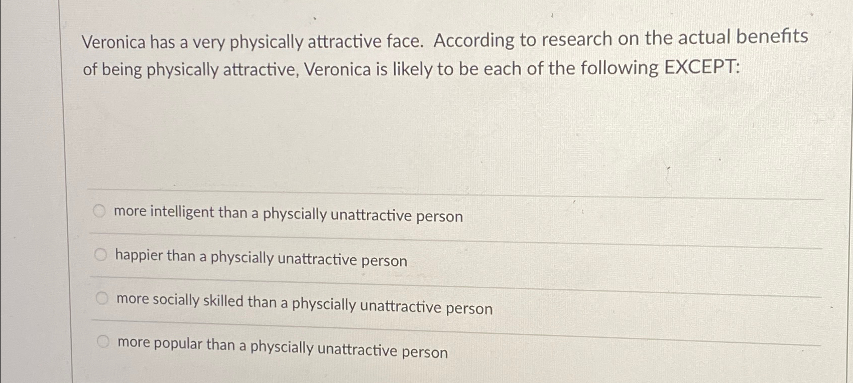 Solved Veronica has a very physically attractive face. | Chegg.com