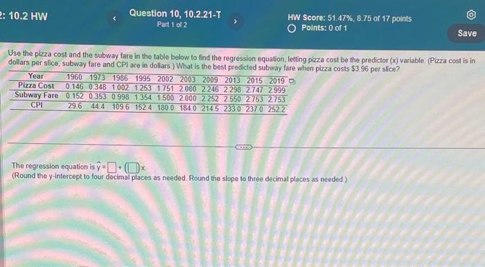 Solved Use the pizza cost and the subway fare in the table | Chegg.com