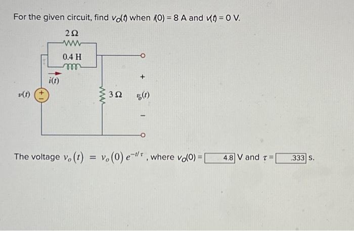 Solved For the given circuit, find v0(t) when 1(0)=8 A and | Chegg.com