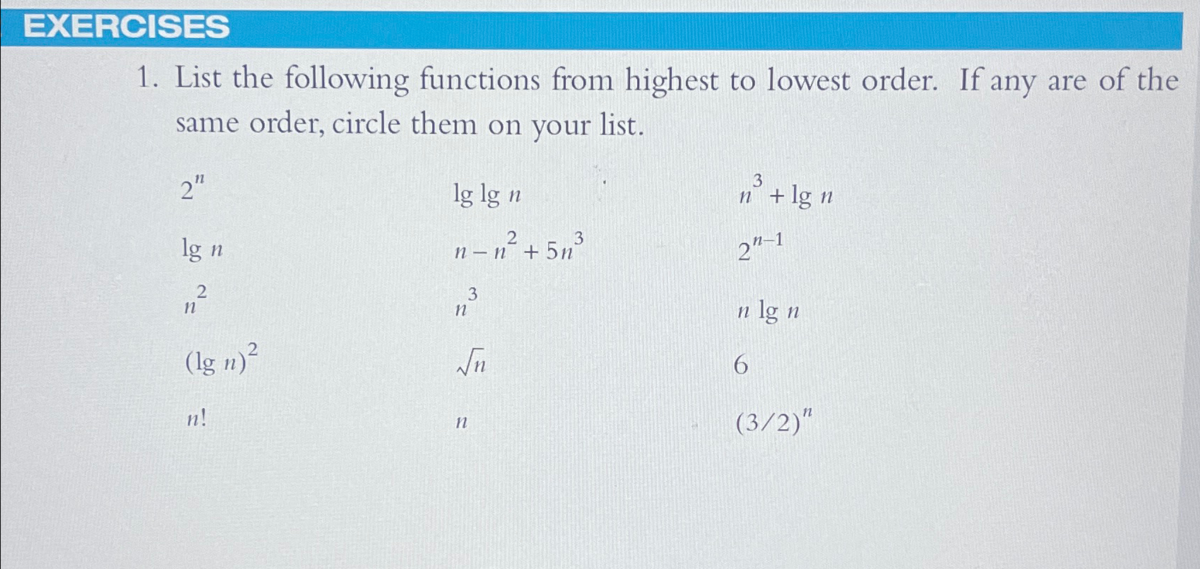EXERCISESList the following functions from highest to | Chegg.com