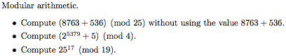 Solved Modular arithmetic. Compute (8763 + 536) (mod 25) | Chegg.com