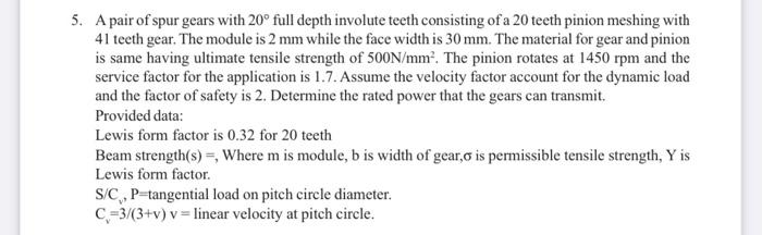 Solved 5. A pair of spur gears with 20∘ full depth involute | Chegg.com