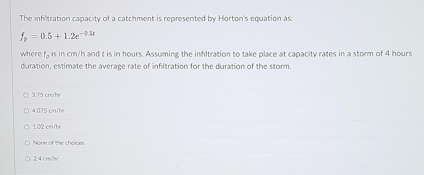 Solved The infiltration capacity of a catchment is | Chegg.com