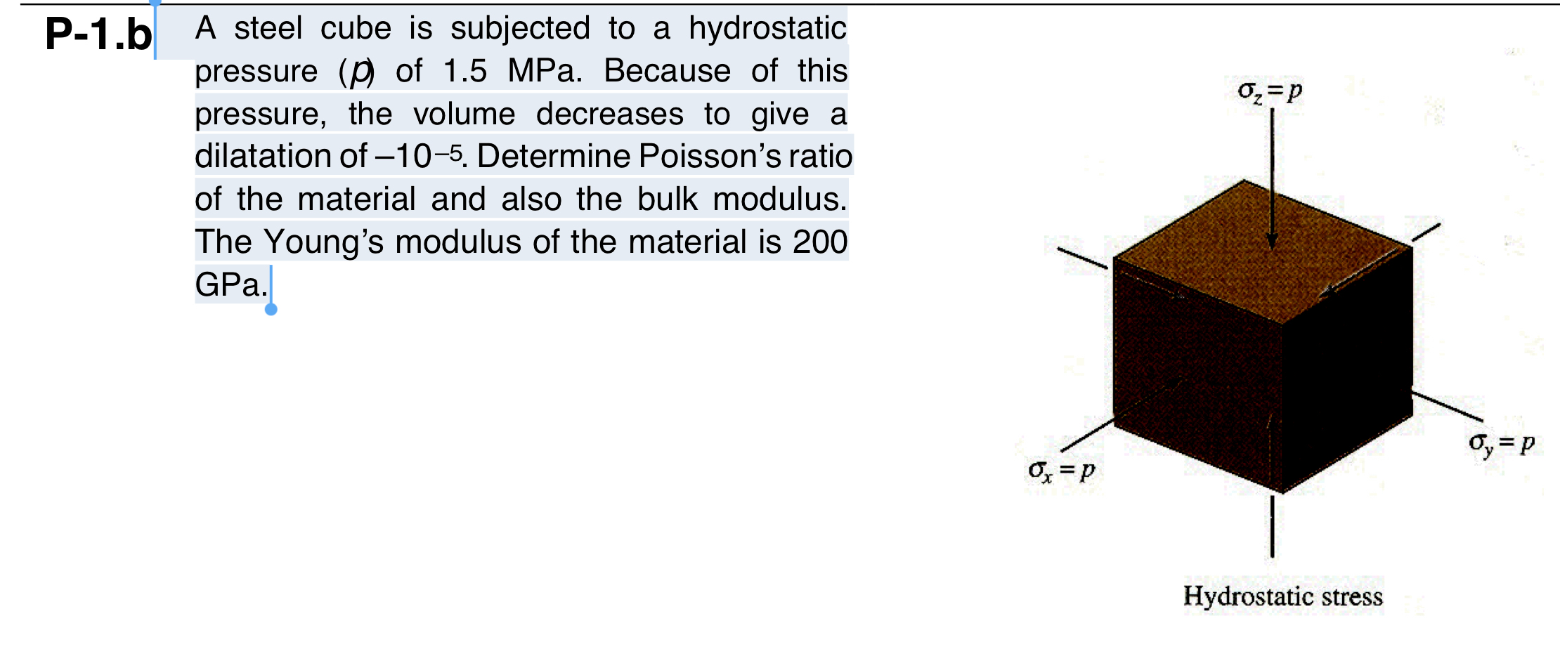 Solved P-1.b A steel cube is subjected to a hydrostatic | Chegg.com