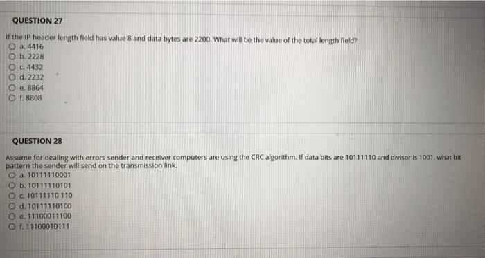 Solved QUESTION 27 If the IP header length field has value 8 | Chegg.com