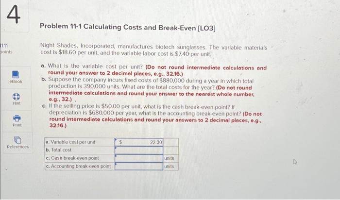 Solved Problem 11-1 Calculating Costs and Break-Even [LO3] | Chegg.com
