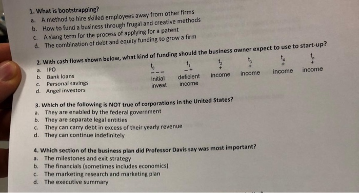 Solved 1. What is bootstrapping? a. A method to hire skilled | Chegg.com