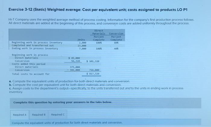 Solved Exercise 3-12 (Static) Weighted average: Cost per | Chegg.com