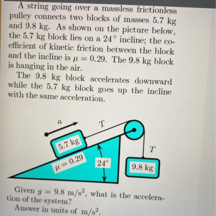 Solved A string going over a massless frictionless pulley | Chegg.com