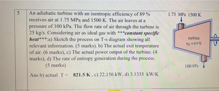 Solved 5 An adiabatic turbine with an isentropic efficiency | Chegg.com