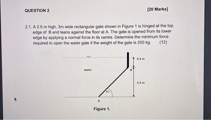 Solved 2.1. A 2.5 m high, 3 m wide rectangular gate shown in | Chegg.com