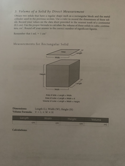 Solved 3. Volume of a Solid by Direct Measurement Obtain two | Chegg.com