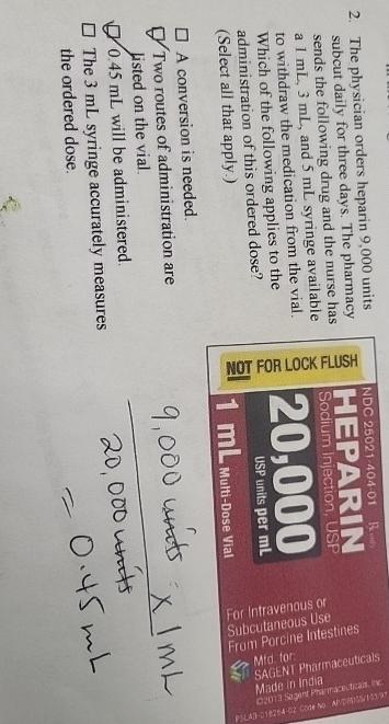 Solved The physician orders heparin 9,000 ﻿units subcut | Chegg.com