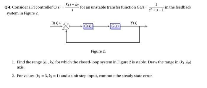Solved Q4. Consider a PI controller C(s)=sk1s+k2 for an | Chegg.com