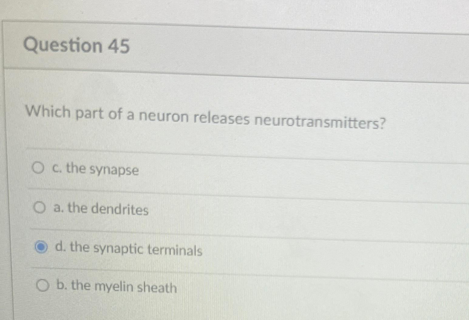 Solved Question 45Which part of a neuron releases | Chegg.com