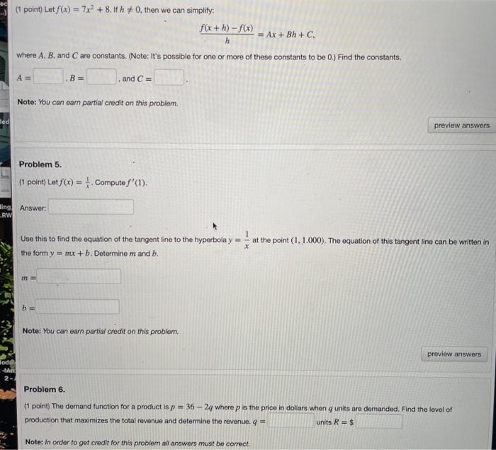 Solved Problem 1. (1 point) Let f(x) = ſ1+x, 17- x, if x Solved Problem 1. (1 point) Let f(x) = ſ1+x, 17- x, if x