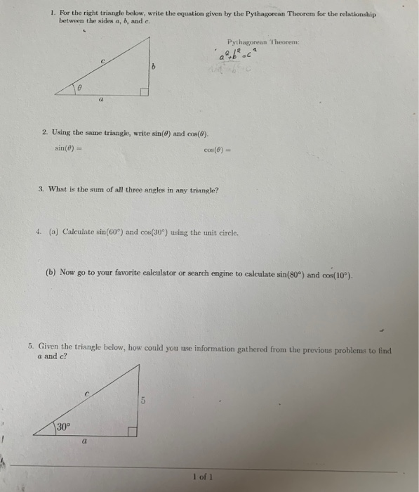 Solved 1. For the right triangle below, write the equation | Chegg.com