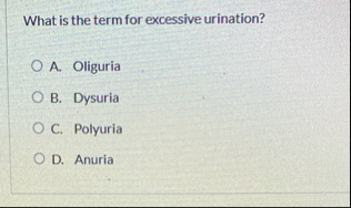 Solved What is the term for excessive urination?\geoquad A. | Chegg.com
