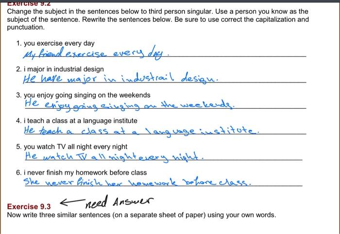Exercise 9.2 Change the subject in the sentences | Chegg.com