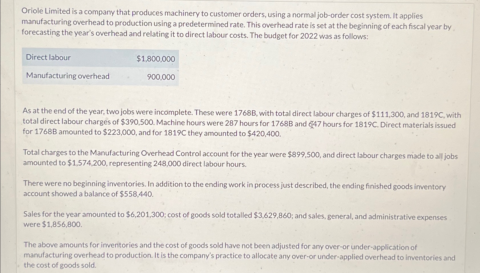 Solved Oriole Limited is a company that produces machinery | Chegg.com
