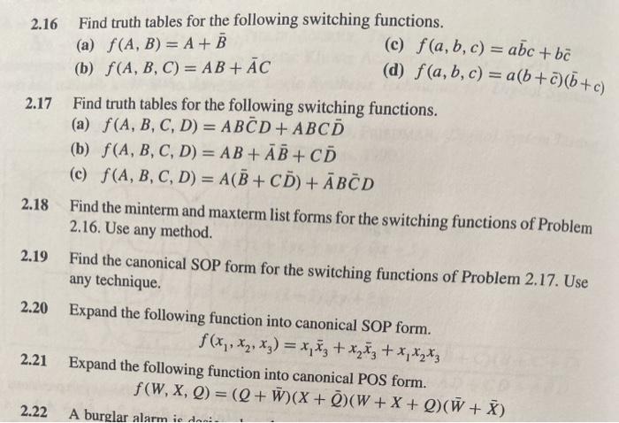 Solved 2.16 Find truth tables for the following switching | Chegg.com