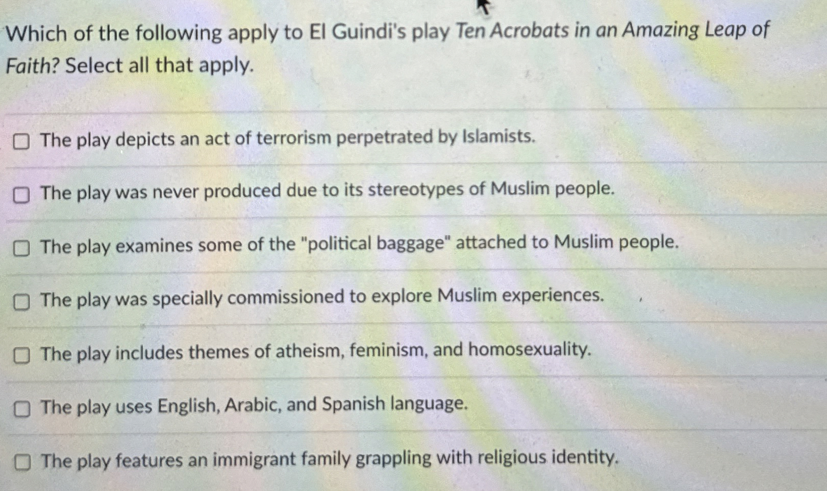 Solved Which of the following apply to El Guindi's play Ten | Chegg.com